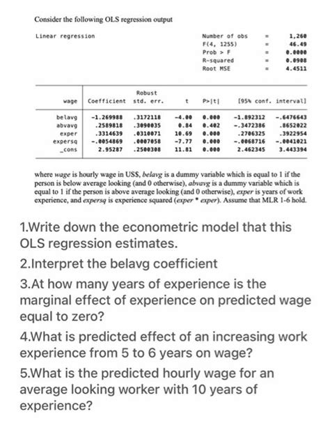 Solved Consider The Following OLS Regression Output Linear Chegg