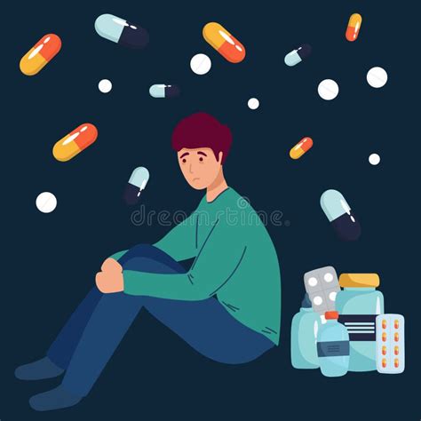 Drug Addicted Girl Sitting On Huge Pill Flat Vector Illustration Man