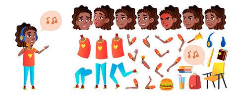 여자 여 고생 아이 벡터입니다 고등학교 아이입니다 애니메이션 만들기 세트입니다 감정 제스처를 얼굴 블랙입니다 아프리카 미국입니다 활성 기쁨 레저입니다 플라이어 브로셔 디자