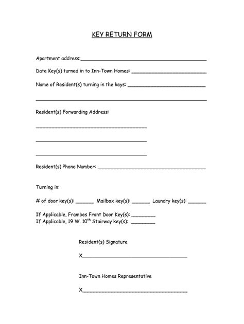Fillable Online Key Return Form Inn Town Homes Fax Email Print Pdffiller