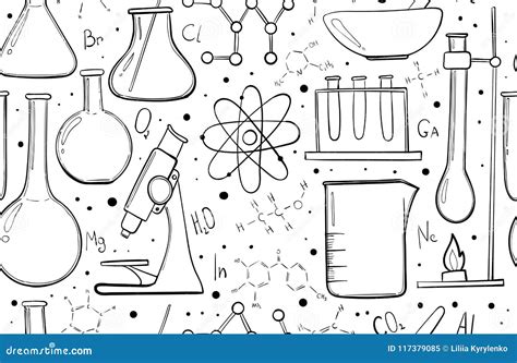 Laboratory Equipment Sketch Seamless Pattern Science Chemistry Microscope Glass Flasks And