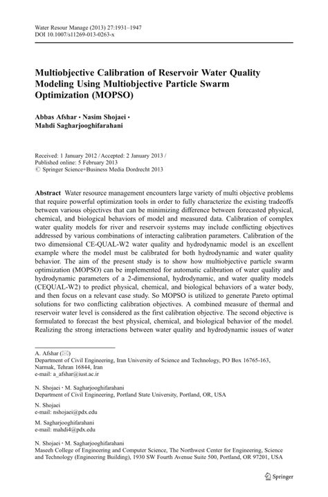 Pdf Multiobjective Calibration Of Reservoir Water Quality Modeling Using Multiobjective
