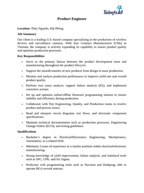 Talentsall Jd Product Engineer Hai Phong 1 Pdf Product