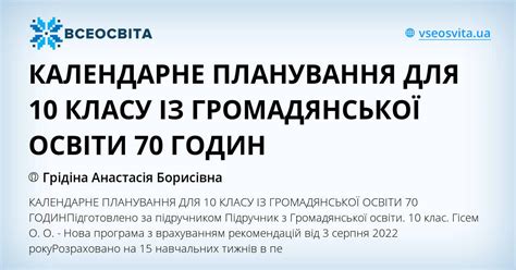 КАЛЕНДАРНЕ ПЛАНУВАННЯ ДЛЯ 10 КЛАСУ ІЗ ГРОМАДЯНСЬКОЇ ОСВІТИ 70 ГОДИН Робоча програма