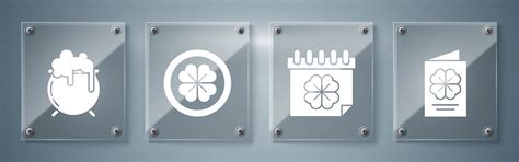 성 패트릭 데이 전단지 브로셔 엽서 달력이 있는 성 패트릭 데이 네 잎 클로버가 있는 금화 마녀 가마솥을 세트로 합니다 정사각형 유리 패널 벡터 3월에 대한 스톡 벡터 아트