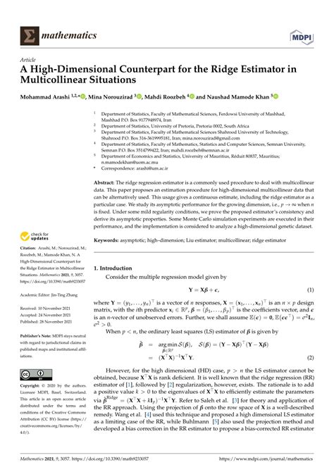 Pdf Mathematics A High Dimensional Counterpart For The Ridge Estimator In Multicollinear