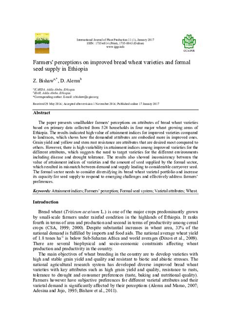 Pdf Farmers Perceptions On Improved Bread Wheat Varieties And Formal Seed Supply In Ethiopia
