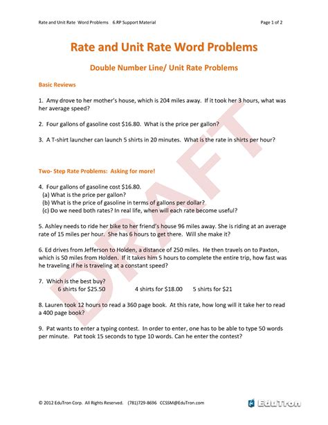 07 Rate And Unit Rate Word Problems Rate And Unit Rate Word Problems