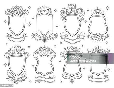 다른 전령 로얄 방패 배지 빈티지 장식 프레임 장식 고급 테두리 세트 0명에 대한 스톡 벡터 아트 및 기타 이미지 0명 고대의 골동품 Istock