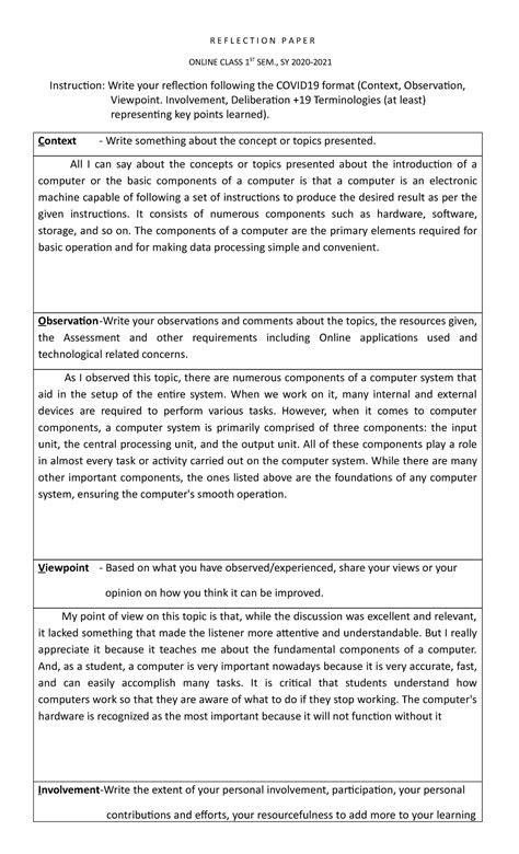 Reflection Template R E F L E C T I O N P A P E R ONLINE CLASS ST SEM SY