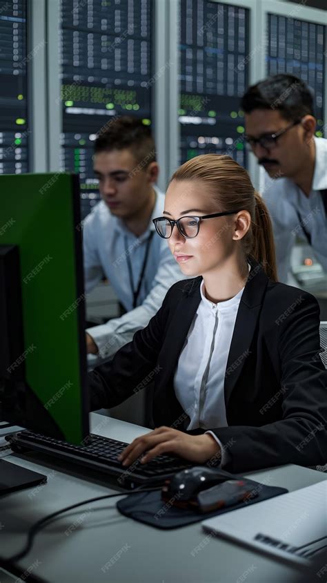 Smart Young Female It Programer Working On Desktop Green Mock Up Screen Computer In Data Center