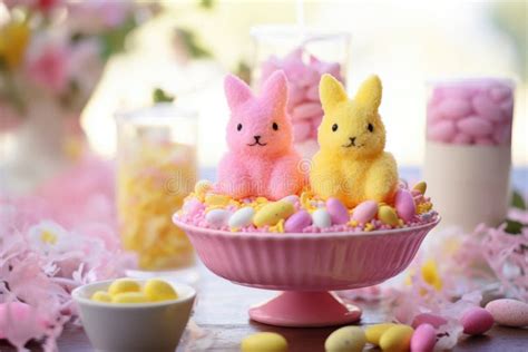 Easter Sweets On The Dessert Table Easter Peeps Marshmallow Bunnies With Colored Egg Shaped