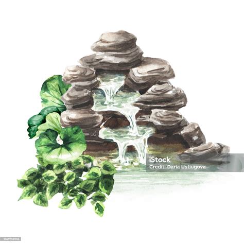 정원 장식 캐스케이드 분수입니다 작은 건축 형태 조경 디자인 요소 흰색 배경에 격리된 손으로 그린 수채화 그림 골동품에 대한 스톡 벡터 아트 및 기타 이미지 Istock