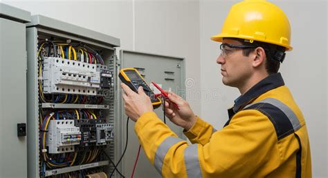 Electrician In Safety Gear Checks Voltage With Multimeter In Panel