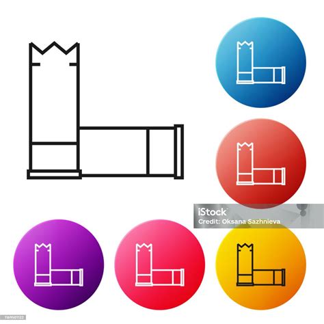 흰색 배경에 격리된 검은색 선 카트리지 아이콘입니다 산탄총 사냥 총기 카트리지 사냥 소총 총알 아이콘 아이콘 다채로운 원 버튼을 설정합니다 벡터 일러스트레이션 구경에 대한