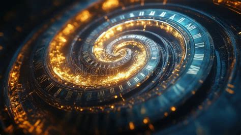 Mesmerizing Spiral Design Featuring Glowing Golden Elements And Clock Faces Stock Illustration