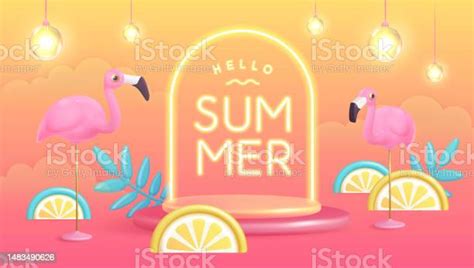안녕하세요 3d 플라스틱 열대 과일 나뭇잎 플라밍고 네온 텍스트가 있는 여름 포스터입니다 여름 배경입니다 벡터 그림 0명에 대한 스톡 벡터 아트 및 기타 이미지 Istock