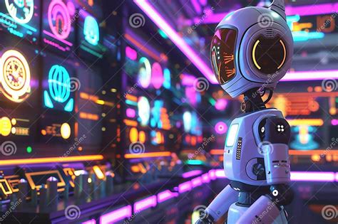 Futuristic Humanoid Robot Standing In Server Database Or Control Room Spiritual World Data