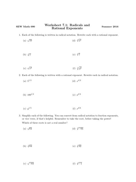 Worksheet 7 1 Radicals And Rational Exponents Pdf Square Root