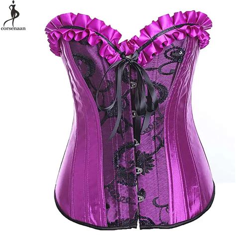 Purple Overbust Corset Satin Corsets Plastic Boned Ruffles Border Korset Plus Size Xl Women