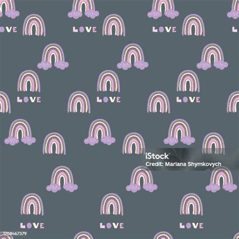 짙은 회색 배경에 무지개와 글자가 있는 매끄러운 패턴입니다 벽지 직물 선물 종이 및 인쇄를 위해 인쇄하십시오 벡터 그림 가을에 대한 스톡 벡터 아트 및 기타 이미지 Istock