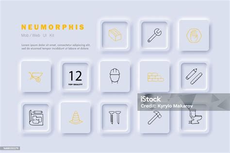 건물 건설 라인 아이콘입니다 헬멧 카트 나사 망치 배관 벽돌 청사진 Neomorphism 스타일입니다 벡터 선 아이콘 개념에 대한 스톡 벡터 아트 및 기타 이미지 Istock