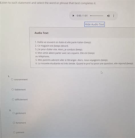 Listen To Each Statement And Select The Word Or Phrase That Best Completes It Audio Text 1