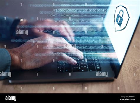Hands Programmer On Laptop And Hologram For Cyber Security Software Or Binary Code It Typing