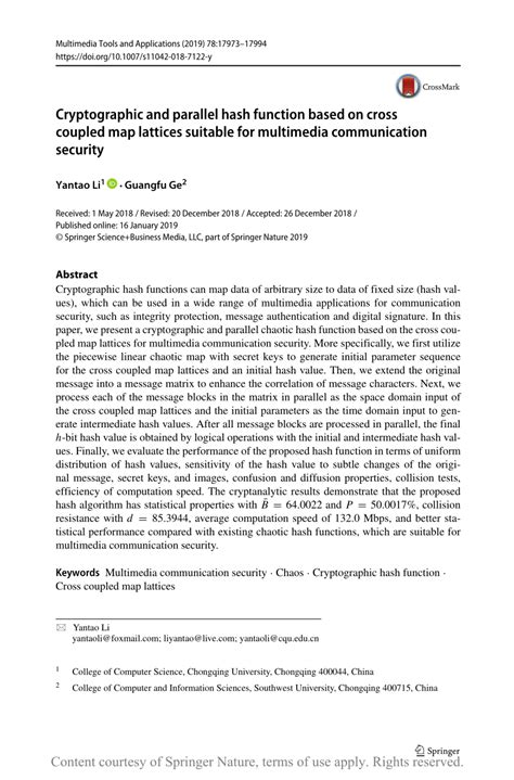 Cryptographic And Parallel Hash Function Based On Cross Coupled Map