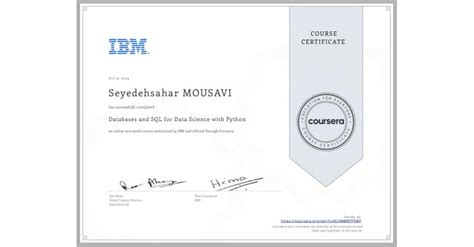 Sahar Mousavi On Linkedin Completion Certificate For Databases And Sql For Data Science With Python