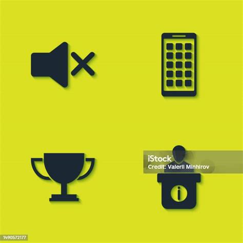 스피커 음소거 안내 데스크 트로피 컵 및 모바일 앱 아이콘을 설정합니다 벡터 그림자에 대한 스톡 벡터 아트 및 기타 이미지