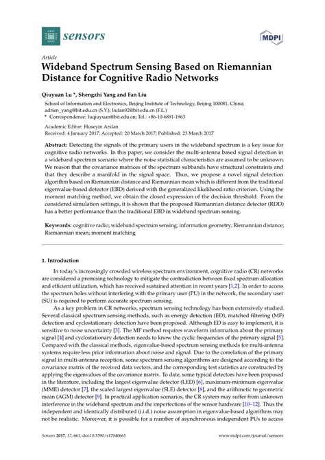Pdf Wideband Spectrum Sensing Based On Riemannian Distance For