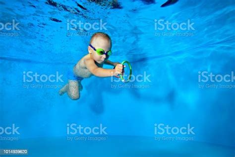 아이 수영장에서 스포츠에 종사 그는 파란 배경에 수 중 수영 하 고 장난감을 수집 합니다 초상화입니다 수 중 사진입니다 이미지의