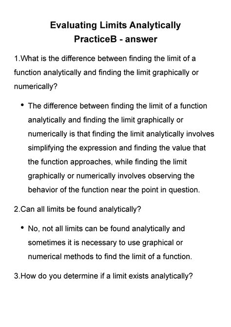 Evaluating Limits Analytically Practice B Answer Evaluating Limits