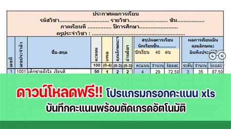 ดาวน์โหลดฟรี ไฟล์โปรแกรมกรอกคะแนน Xls ไฟล์แก้ไขได้ บันทึกคะแนนพร้อมตัดเกรดอัตโนมัติ ครูอาชีพ