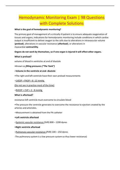 Hemodynamic Monitoring Exam 98 Questions With Complete Solutions