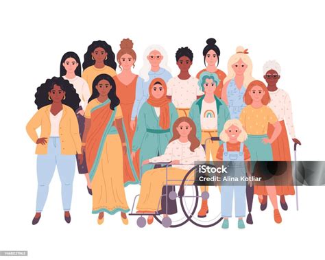 다른 인종 국적 연령 신체 유형의 여성 신체 장애가 있는 여성 세계 여성의 날 현대 사회에서 사람들의 사회적 다양성 플랫 스타일의 벡터 그림 여자에 대한 스톡 벡터 아트 및