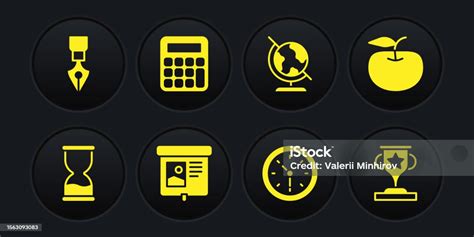 오래된 모래 시계 사과 프로젝션 스크린 시계 지구 지구본 계산기 수상 컵 및 만년필 펜촉 아이콘을 설정합니다 벡터 검은색에 대한
