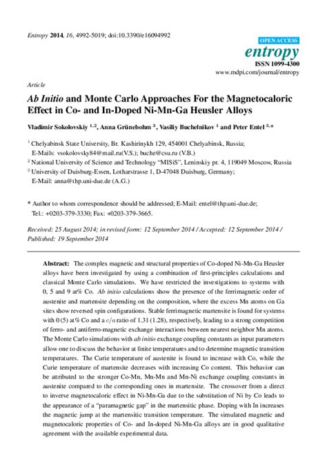 Pdf Ab Initio And Monte Carlo Approaches For The Magnetocaloriceffect In Co And In Doped Ni