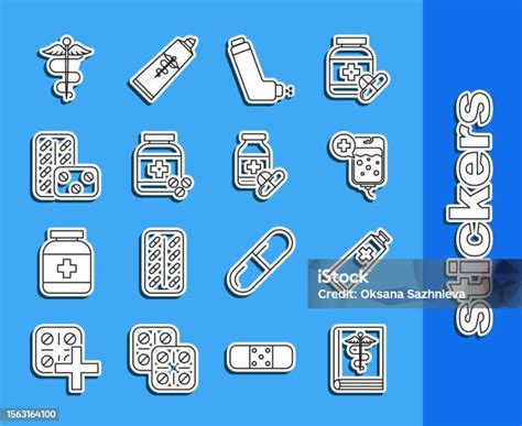 세트 라인 의학 책 연고 크림 튜브 약 Iv 가방 흡입기 약병 및 알약 알약 물집 팩 Caduceus 뱀 의료 기호 및 아이콘