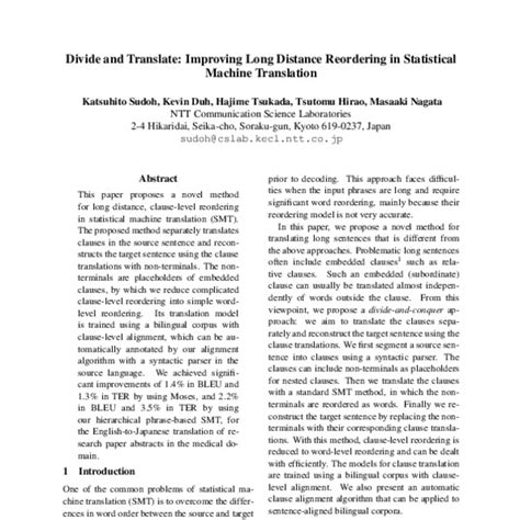 Divide And Translate Improving Long Distance Reordering In Statistical Machine Translation
