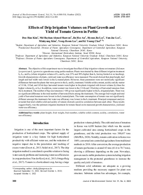 Pdf Effects Of Drip Irrigation Volumes On Plant Growth And Yield Of Tomato Grown In Perlite