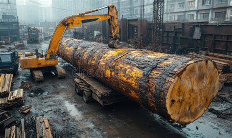 Excavator Processing Massive Log At Wood Processing Plant For Eco