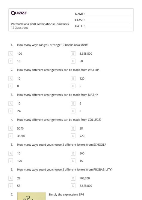 50 Permutations Worksheets For 8th Year On Quizizz Free And Printable