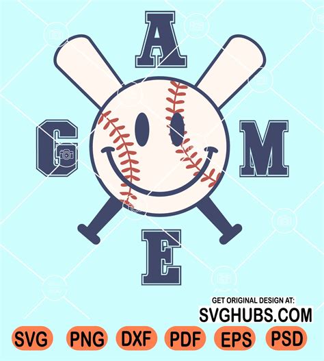Game Day Baseball Smiley Svg Batter Swing Svg Happy Face Svg Baseball Smiley Face Svg