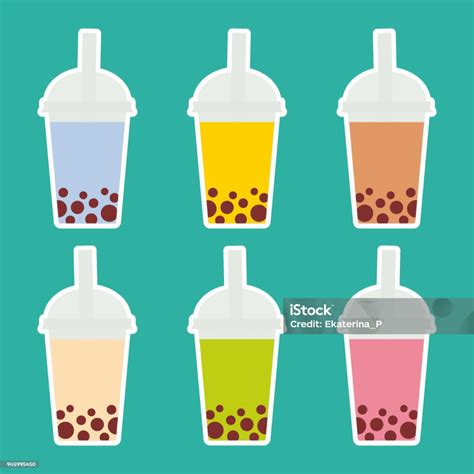 다른 과일과 열매와 버블 티입니다 플라스틱 컵 칵테일 우유 관 버블 티 칵테일의 다른 종류입니다 청록색 바탕에 파스텔 색상입니다 벡터 개체 그룹에 대한 스톡 벡터 아트 및