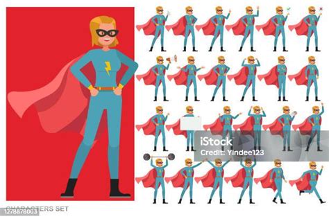 슈퍼 히어로 여성 캐릭터 벡터 디자인의 집합 감정 달리기 서서 걷기와 함께 다양한 액션으로 프리젠 테이션 슈퍼히어로에 대한 스톡 벡터 아트 및 기타 이미지 Istock