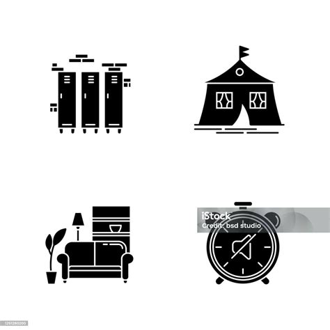 도미토리 조건 공백에 설정 된 검은 색 글리프 아이콘 사물함 체육관 수영장 보관소 천막 기숙사 조용한 시간 거실 실루엣 기호