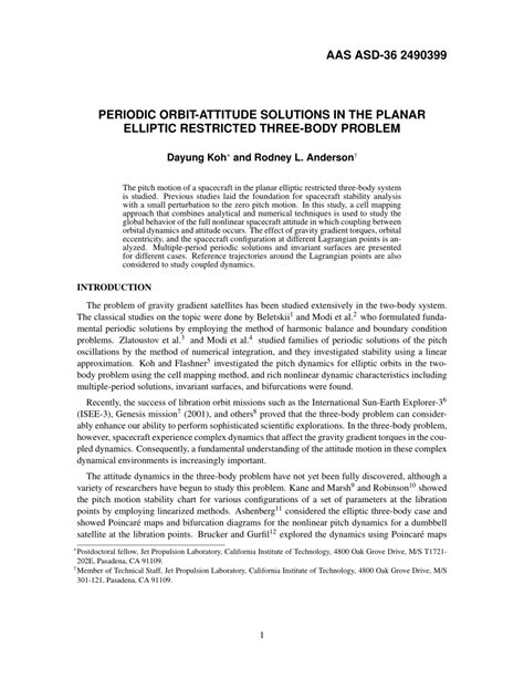 Pdf Periodic Orbit Attitude Solutions In The Planar Elliptic Restricted Three Body Problem