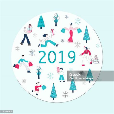 크리스마스와 새 해 배너의 벡터 일러스트 레이 션 쇼핑백과 선물 상자를 들고 사람들 2019년에 대한 스톡 벡터 아트 및 기타 이미지 2019년 가방 개성 개념